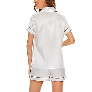 QLVKYW Womens Satin Pajama Shorts Set Silky 2 Piece Short-Sleeve Pjs Tops Button-front Lounge Wear With Casual Collar White