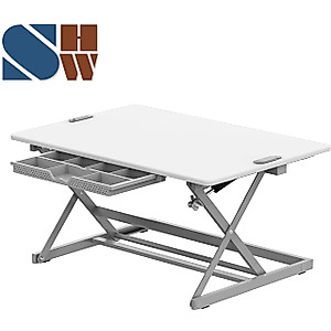 SHW 32-Inch Height Adjustable Standing Desk Converter Riser Workstation with Drawer, White