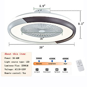 YIYIBYUS 23.5-Inch Modern Fan Chandelier LED 3 Colors 3 Speed with Remote Control Ceiling Fan Ceiling Light Mute Suitable for Living Room Bedroom Dining Room (White and Grey)
