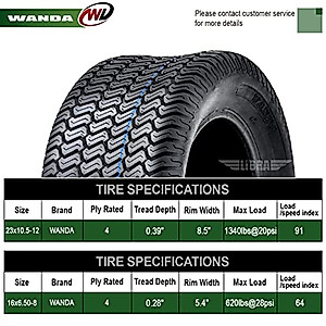 Set 4 WANDA Lawn Mower Turf Tires 16x6.5-8 Front & 23x10.5-12 Rear /4PR -13019/13049