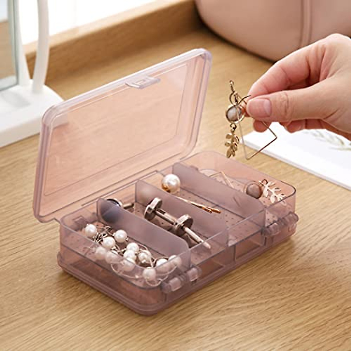 AEIOFU Jewelry Organizer Box Clear Plastic Dividers Crafts Storage Tool Transparent Brown Grids Storage Box Plastic Jewelry Box Nail Art Storage Box.