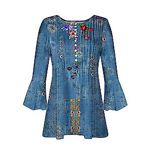 JDHUFEI Womens Shirts Summer 2023 Casual Print V-Neck Tshirts Linen Button Tunic Tops Boho Floral Fold Ladies Blouse Tees