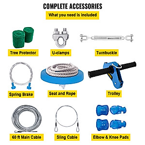 VEVOR Zip line Kits for Backyard 60FT, Zip Lines for Kid and Adult, Included Swing Seat, Zip Lines Brake, and Steel Trolley, Outdoor Playground Equipment