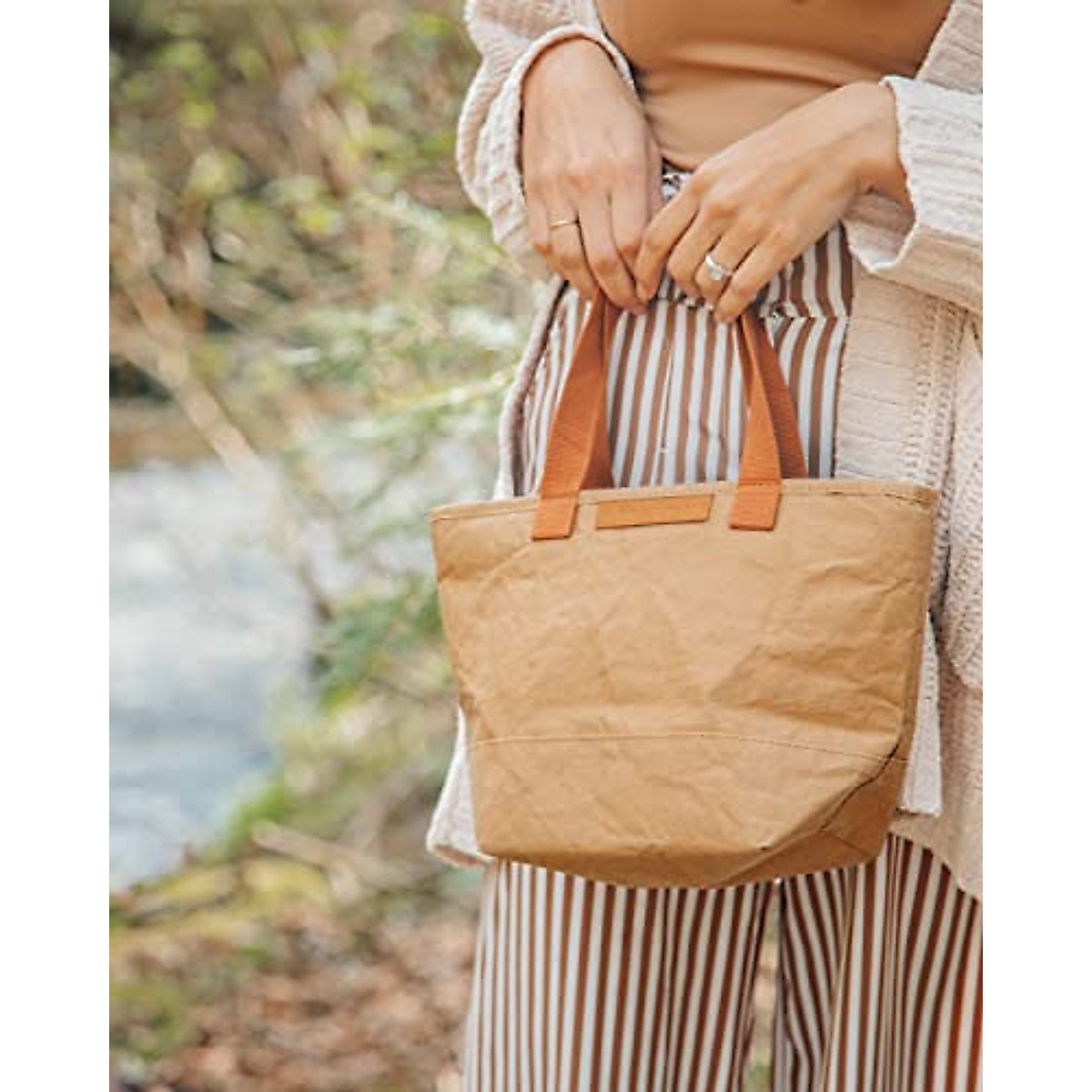 Out of the Woods Water Resistant Insulated Mini Shopper Lunch Bag – Lightweight Reusable Lunch Tote – Vegan Lunch Cooler with Handles – Sustainable Small Vegan Lunch Bag - Sahara