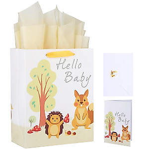 13" Large White Gift Bag Set with Greeting Card and Tissue Papers (Hello Baby Design) for Girls' Birthday Party, Baby Shower, Baby Girl or Boy - 10.2”x5.2”x13”, 1 Pcs.
