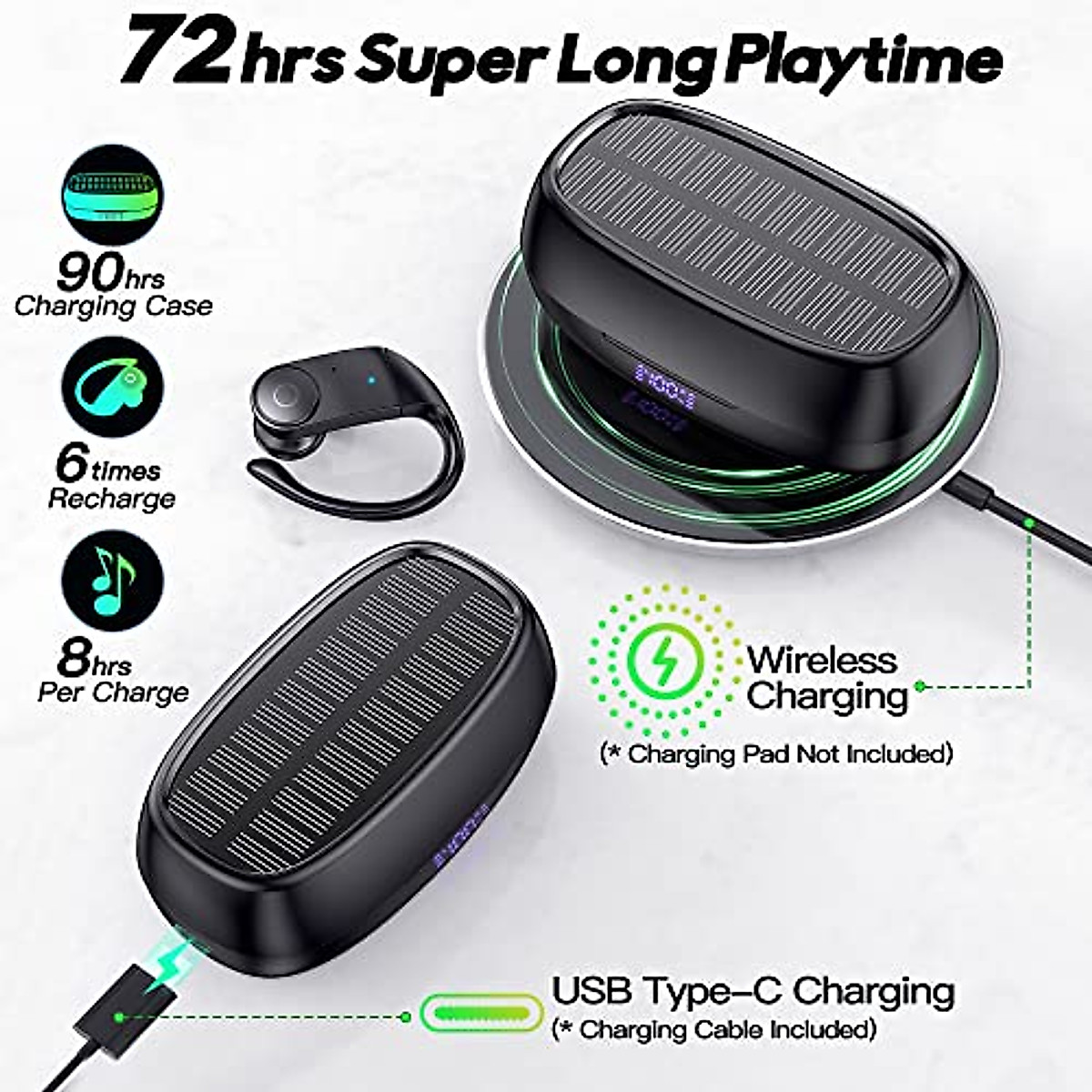 Wireless Earbuds Bluetooth Headphones with Earhooks[Solar Charging &Wireless Charging with LED Display][IPX7 Waterproof ]Wireless Over Ear Buds Built-in Mics Headset for Sport Running Workout-Black