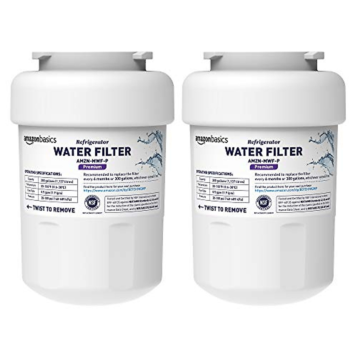 Amazon Basics Replacement GE MWF Refrigerator Water Filter Cartridge - Pack of 2, Premium Filtration