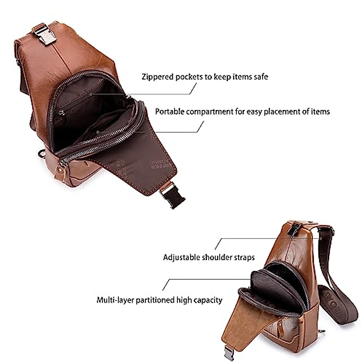 pundarika Leather Sling Bag for men Chest Bag shoulder bag crossbody casual chest pack Sling Backpack man bag-Brown