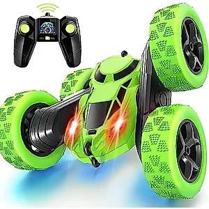 Remote Control Car, RC Cars Stunt Car Toy, 4WD 2.4Ghz Double Sided 360° Rotating RC Car with Headlights, Kids Xmas Toy Cars for Boys/Girls (Green) (Green)