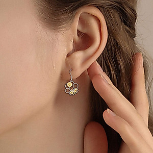 LUHE Honeycomb with Bee Stud Earrings 925 Sterling Silver Beehive and Bee Earrings for Women (bee earrings) (B-Bee earrings)