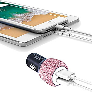 Dual USB Car Charger Bling Bling Handmade Rhinestones Crystal Car Decorations for Fast Charging Car Decors Pink for iPhone, iPad Pro/Air 2/Mini, Samsung Galaxy Note 9 8 S9 S9+,LG, Nexus, HTC, etc