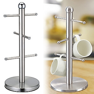 6 Cup Mug Tree Holder Tabletop Coffee Tea Kitchen Storage Rack Silver With Non-Sip Base Drinkware Shelf For Home Kitchen Mug Rack Tree Stainless Steel Countertop Stand Cabinet Holder Shelf Coffee Cup