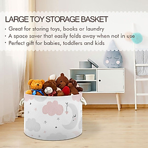 Round Storage Basket Bin Cute Moon Star Collapsible Waterproof Laundry Hamper Baby Nursery Basket Organizer with Handles for Bedroom Closet Toys Gifts
