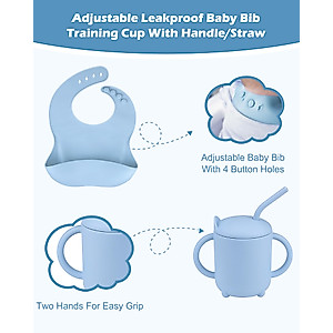 OFUN 8 Pack Silicone Toddler Feeding Set, Baby Led Weaning Supplies with Adjustable Bib, Divided Suction Plate, Bowl and a Sippy Cup, with 2 Spoon, 2 Folk, Eating Utensil for 6+ Months