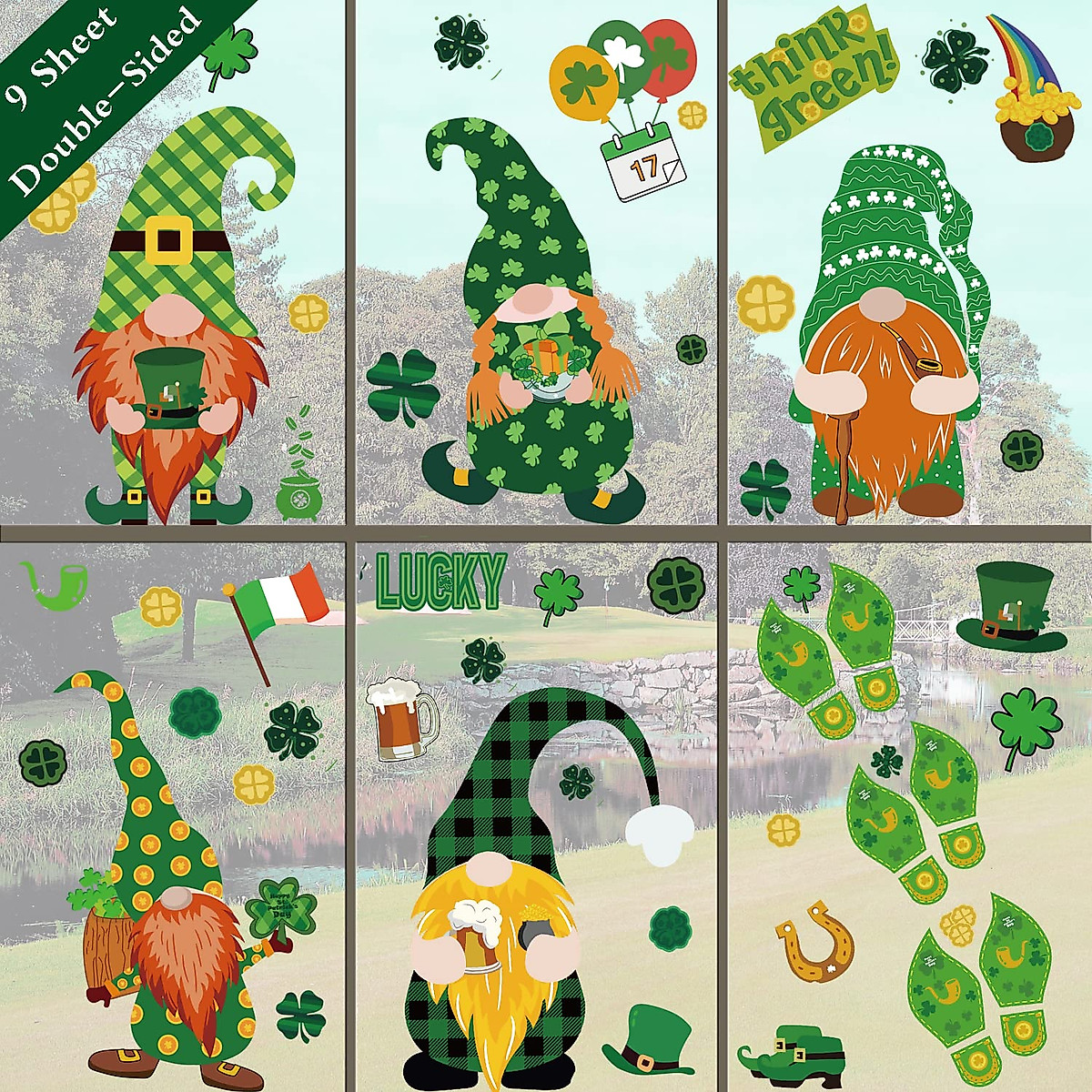WENWELL Gnome Leprechaun Footprin St. Patrick's Day Window Cling Decorations for Glass,Irish Shamrock Rainbow Saint Patty Day Home Decor Decals,Door Ornaments Stickers for Holiday Party,9 Sheets