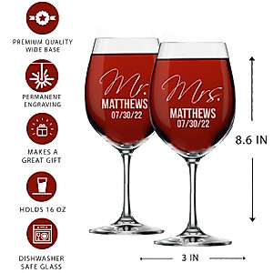 Set of 2 Mr and Mrs Personalized Wine Glasses - Custom Engraved and Monogrammed Gifts