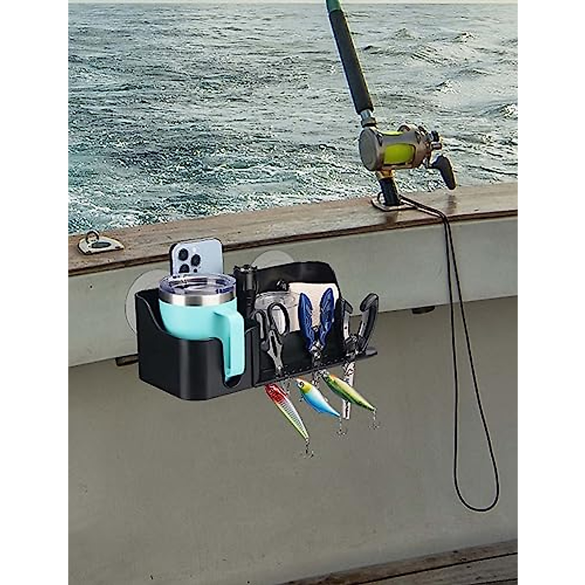KEMIMOTO Boat Caddy Organizer, Boat Cup Holder Installed with Screws/Suction Cups On Any Flat Surface, Boat Storage Organizer, Cockpit Storage Box for Bass Boat Kayak Pontoon Jon Boat