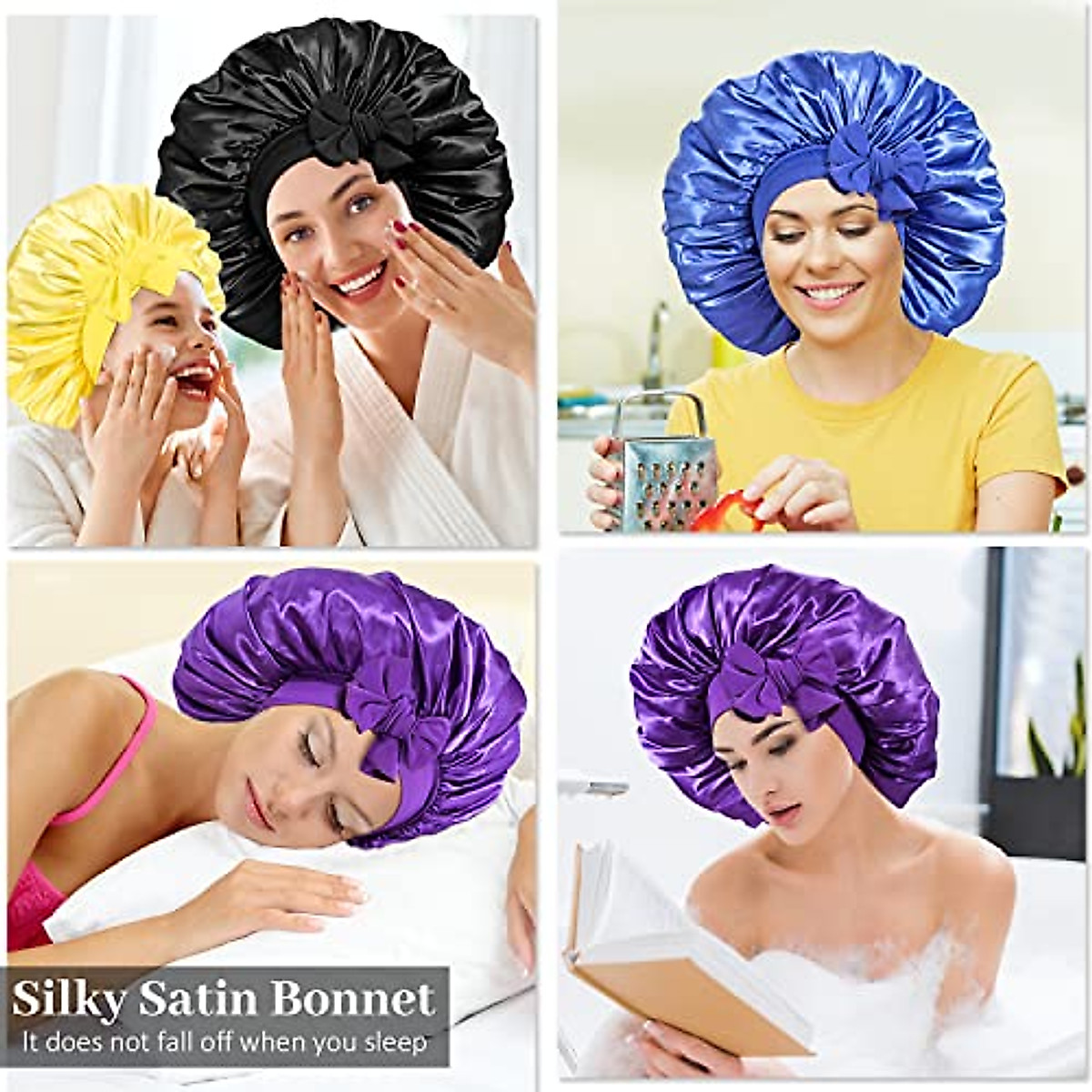 Weradau Pack of 2 Satin Sleeping Bonnet Women Elastic Satin Bonnet Sleep Cap, Adjustable Satin Shower Cap Hair Bonnet