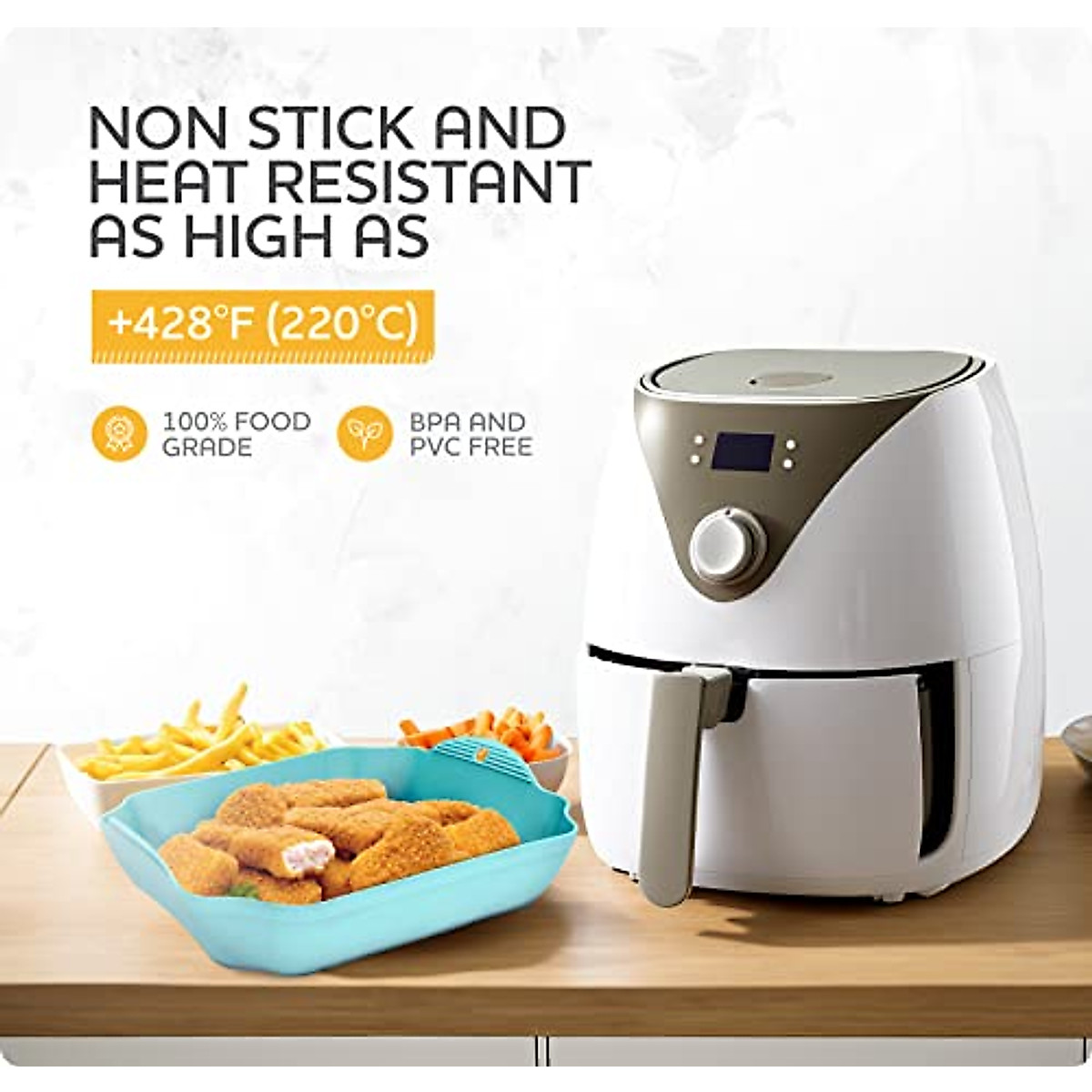 Silicone Air Fryer Liners Set OF 4, Air Fryer Silicone Liners for 3-5QT Air Fryer Tray Baking Oven, 7.5” Reusable Square Air Fryer Liners with Handles & Holes, Air Fryer Inserts, Air Fryer Accessories