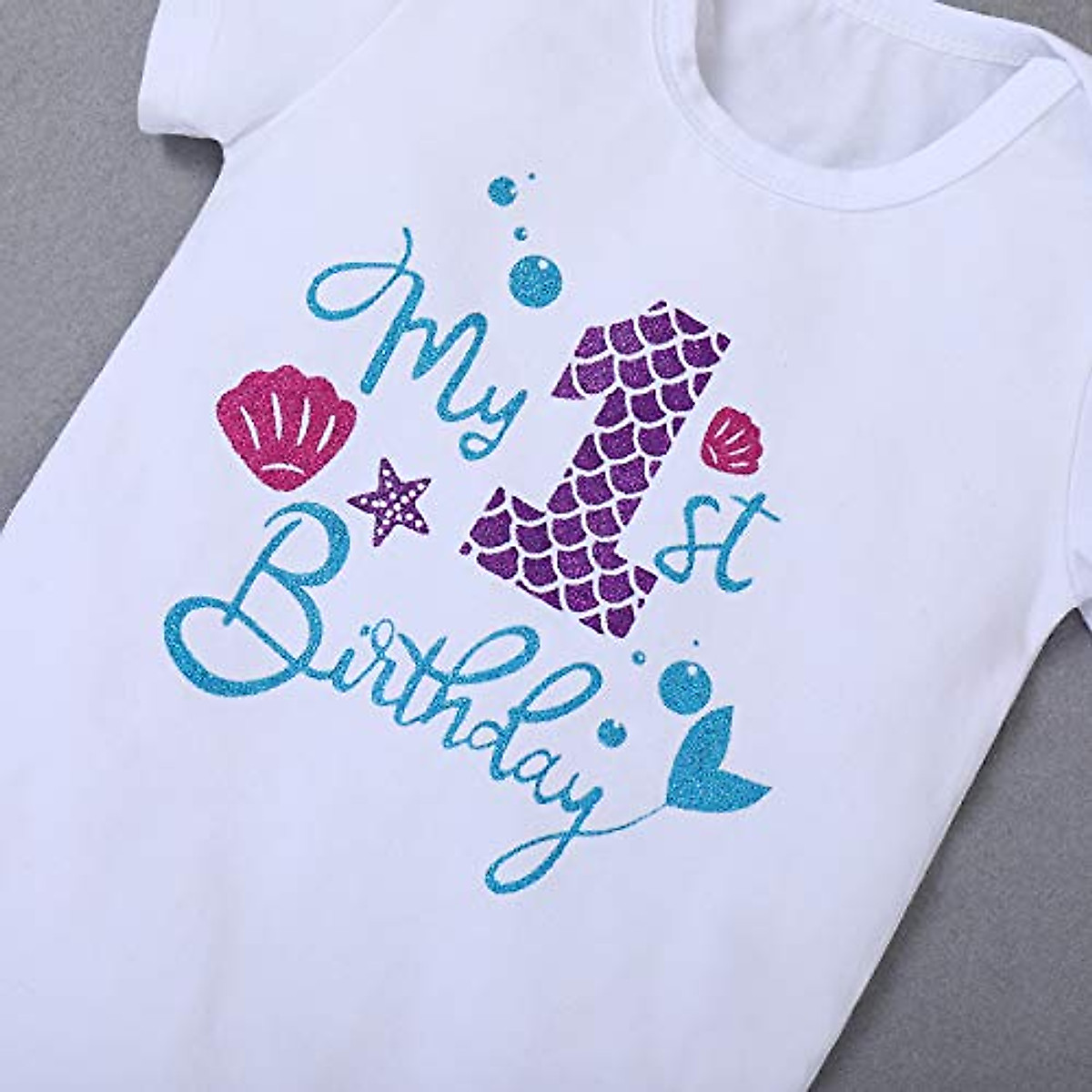 Mermaid 1st Birthday Outfit Baby Girl My First Birthday Cake Smash Photo Shoot Romper Little Mini Tutu Skirt Shiny Headband One Year Old Summer Nautical Ocean Themed Birthday Party Supplies Purple 1T