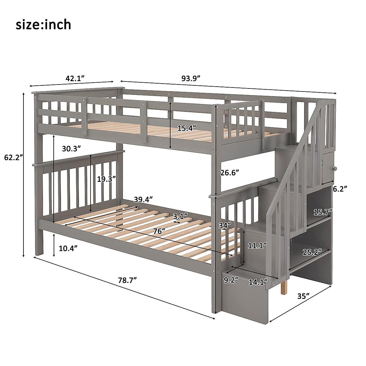 Harper & Bright Designs Twin Bunk Beds, Twin Over Twin Bunk Bed with Stairs and Storage, Low Bunk Beds Twin Over Twin for Kids Girls Boys, Grey