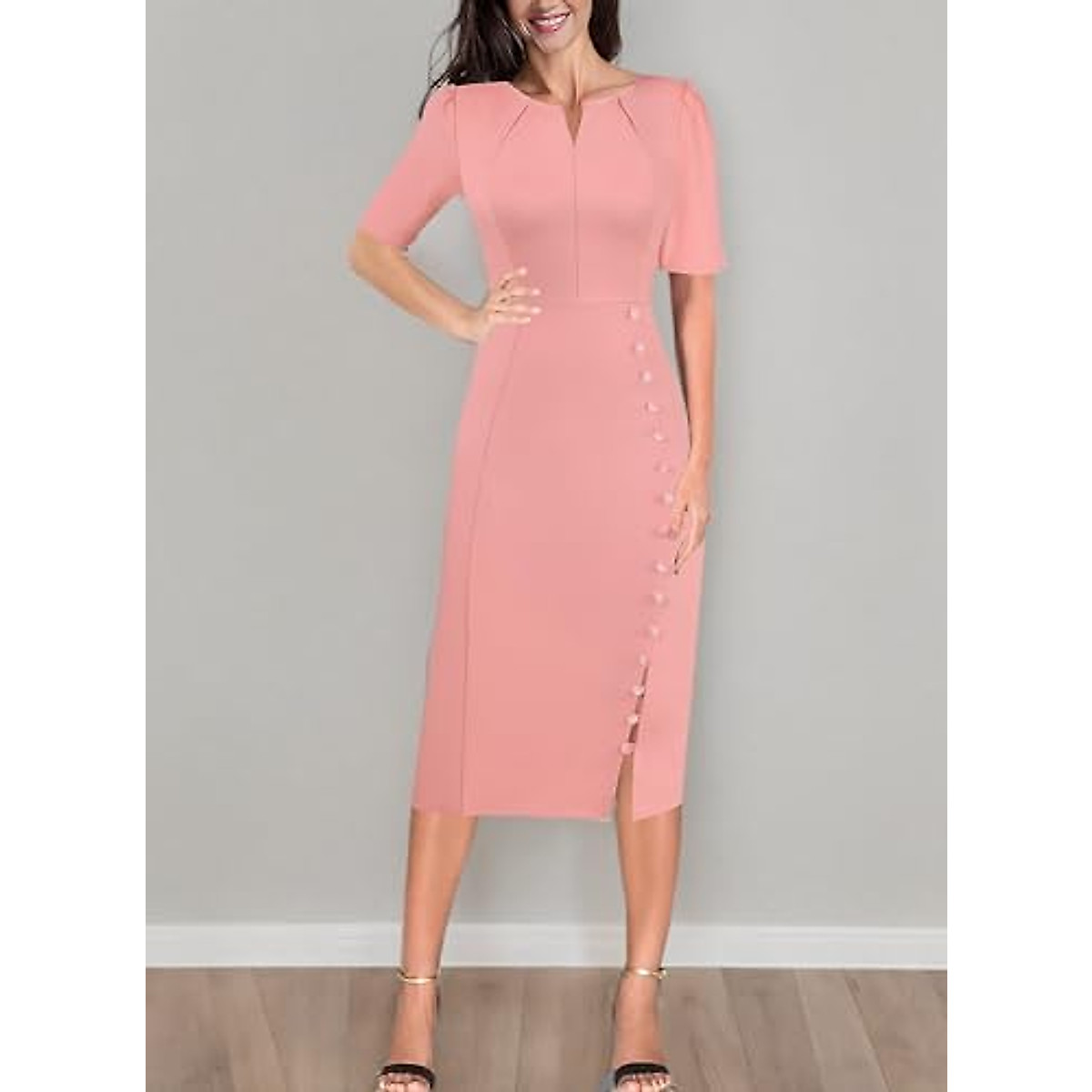 VFSHOW Womens Wear to Work Buttons Slit Pleated Notch V Neck Flattering Business Party Office Church Slim Bodycon Pencil Sheath Midi Dress (Peach Pink, X-Large) 10246 PIK XL