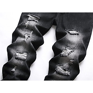 Men's Casual Ripped Jeans Distressed Slim Fit Straight Leg Denim Pants Classic Destroyed Washed Jean Trousers (Black,32)