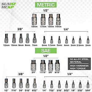 SUNHZMCKP Master Hex Bit Socket Set, 32 Piece 1/4", 3/8", & 1/2" Drives| S2 Steel Machined Bits | Standard SAE and Metric Sized Sockets