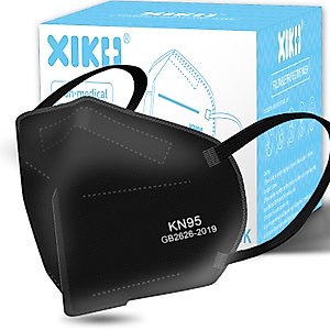 XIKII KN95 Face Mask Black, 50 Pack - 5-Layer Protective Masks, GB2626-2019 Certified, Comfortable Ear Loops, 98% High Filtration, Adjustable Nose Bridge, Non-Medical Respirators for Everyday Safety