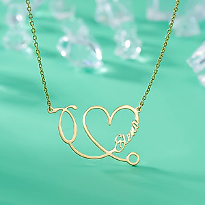 Dreamdecor Stethoscope Name Necklace Personalized, 18K Gold Plated Dainty Custom Doctor Nurse Necklace Graduation Gift Jewelry for Medical Student