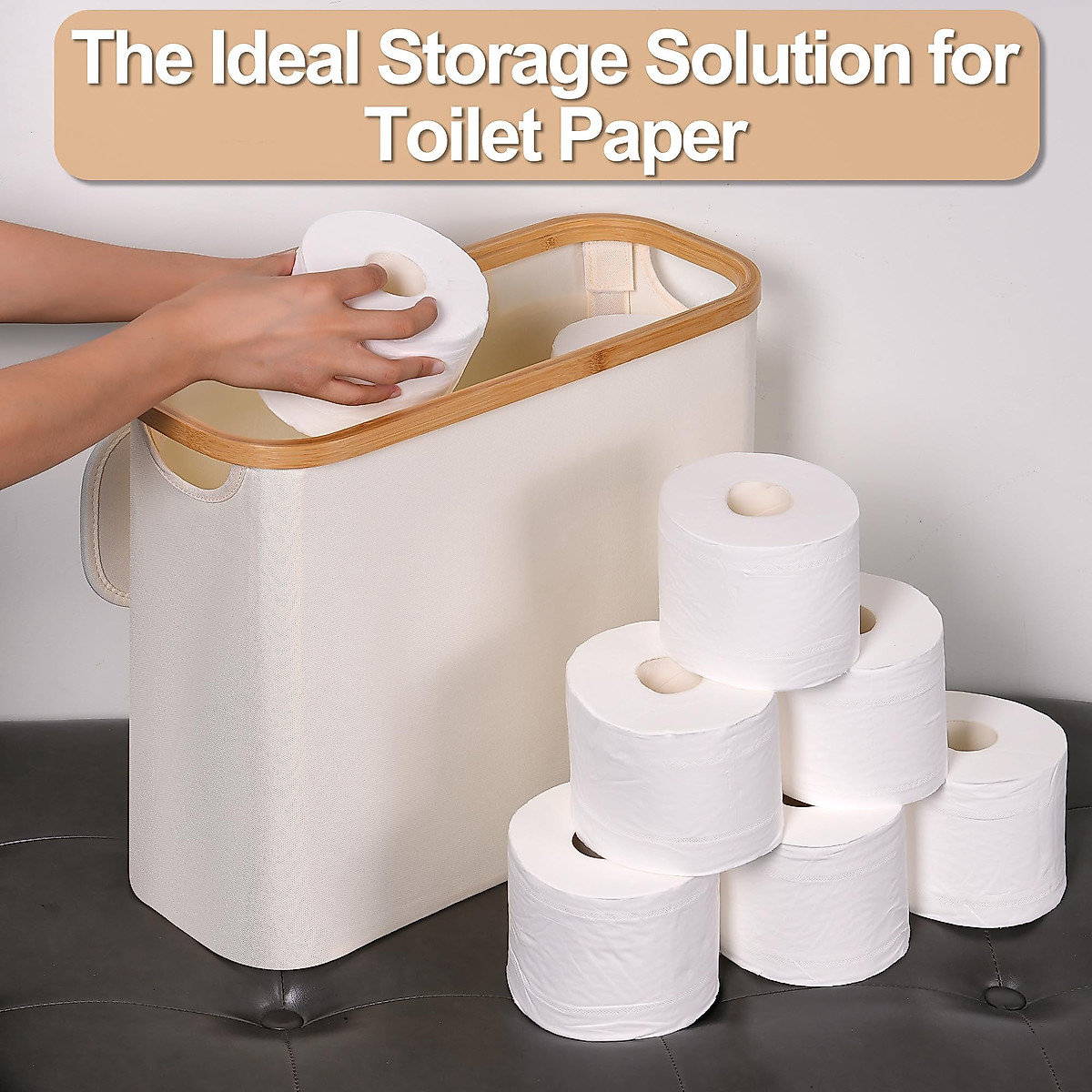 efluky Toilet Paper Storage 28L, Toilet Paper Basket with Lid for Bathroom Storage, Toilet Paper Organizer, Free Standing Toilet Paper Holds Up to 9-12 Rolls, Beige