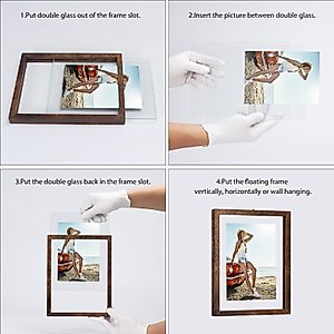 Trwcrt 5x7 Picture Frame Set of 4, Double Glass Floating Picture Frames Display up to 7 x 9 photos for Tabletop or Wall Hanging, Brown