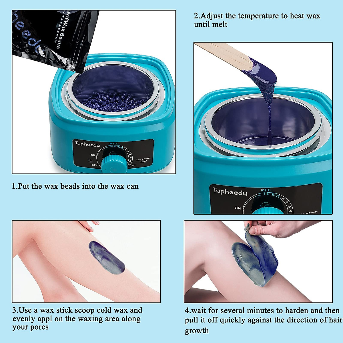 Tupheedu Waxing Warmer for Hair Removal - Painless Stripless Waxing Kit for Women and Men with 4 Wax Beans for Coarse Hair, Eyebrows, Armpits, and Bikini Area
