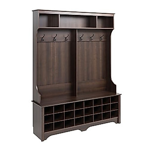 Prepac Brown Hall Tree with Bench and Shoe Storage, 60"W x 77"H x 15.5"D - 24 Shoe Cubby, Mudroom Bench with Storage and Hooks
