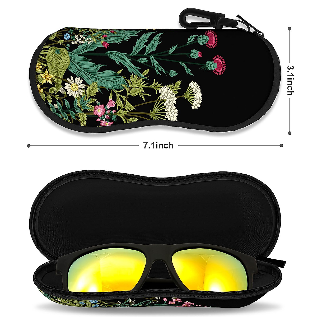 NPOOYI Sunglasses Soft Case, Ultra Light Portable Neoprene Zipper Glasses Case, Eyeglass Case with Carabiner for Men Women, Wild Flower