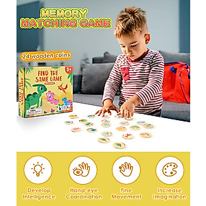 Protado Wooden Match Memory Game for Kids, 24Pc Memory Matching Cards with 5Pc Tattoo Stickers, Educational Memory Matching Game for Pre-Kindergarten Early Learning Development Kids-Dinosaur
