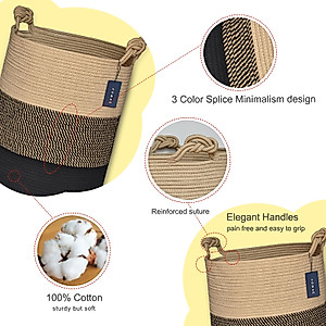 COMSE Extra Large Blanket Basket, High Storage Basket, Tall Rope Laundry Basket, 15.7”x 21.7”, Cotton Rope Basket, XXXL Laundry Basket, Toy Basket, Woven Basket, Clothes Baskets,Brown/Black