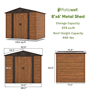 Patiowell 8x6 FT Wood Look Outdoor Storage Shed,Garden Tool Storage Shed with Sloping Roof and Double Lockable Sliding Door, Metal Shed for Garden Backyard Patio Lawn