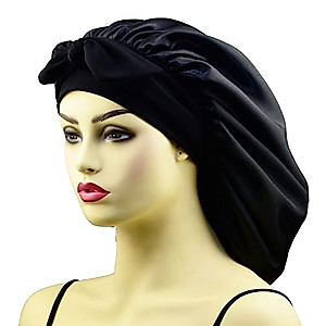 Extra Large Sleep Cap Satin Bonnet for Sleeping Long Hair Bonnet for Women Large Night Cap for Curly Hair XL Silk Bonnets (Black + Rose)