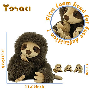 YOHAKI Sloth Plush Animal, 11.02" Cute Stuffed Sloth with 3 Baby Sloths, Easter Stuffed Sloth Animal, Washable Plush Toys, Cute Three Toed Sloth Birthday Gifts for Kids Boys and Girls, Brown