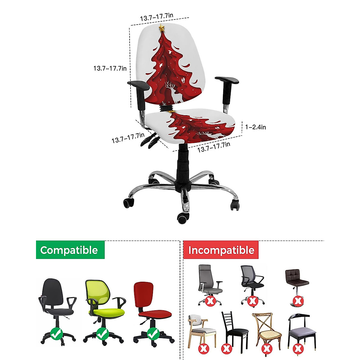 Xmas Tree Office Chair Cover Stretchable Computer Chair Seat Cover Backrest Slipcovers, Stretchable Rotating Desk Chair Seat Cushion Split Protectors Christmas Contemporary Red Deer Star Bird