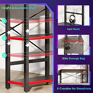 Bestier Gaming Desk with Power Outlets, 61 Inch Large Led Gamer Desk with 4 Tiers Reversible Shelves, PC Gaming Table with Headset Hook & Side Storage Bag for Bedroom (Black 3D Carbon Fiber)