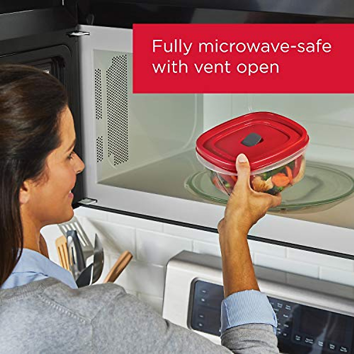 Rubbermaid 16-Piece Food Storage Containers with Lids and Steam Vents, Microwave and Dishwasher Safe, Red & Easy Find Lids 7-Cup Food Storage and Organization Container, Racer Red