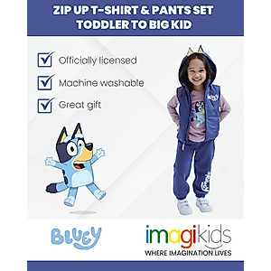 Bluey Little Girls Zip Up T-Shirt and Jogger Fleece Pants 3 Piece Blue/Gray 7-8