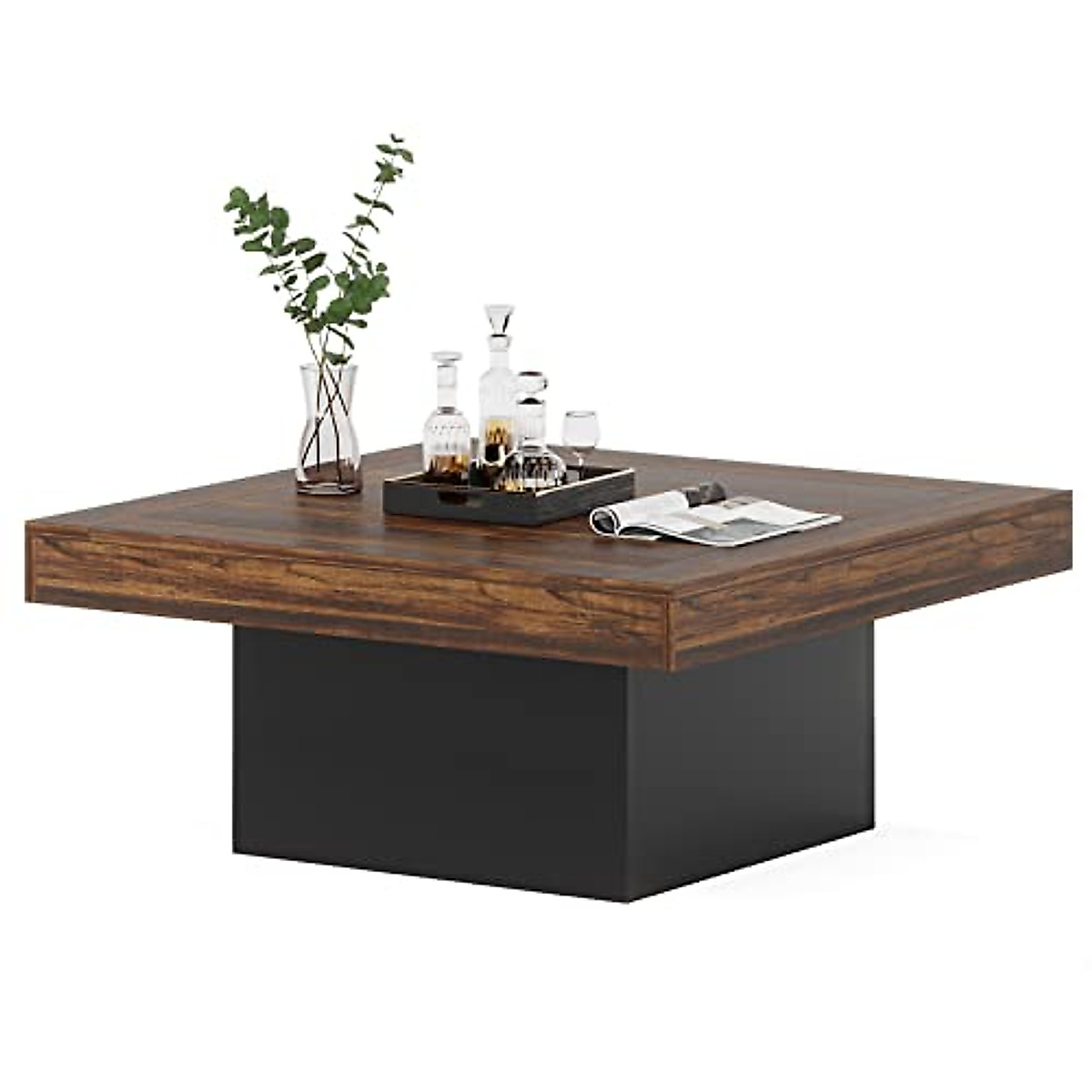 LITTLE TREE Farmhouse Square LED Engineered Wood Living Room Rustic Low Coffee Tables, Black & Brown