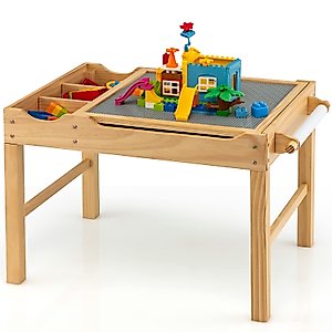 Costzon Kids Table, 3 in 1 Wood Building Block Desk w/Storage, Paper Roll, Reversible Tabletop for Toddler Arts, Crafts, Drawing, Reading, Playing, Gift for Boys Girls, Activity Table (Natural)