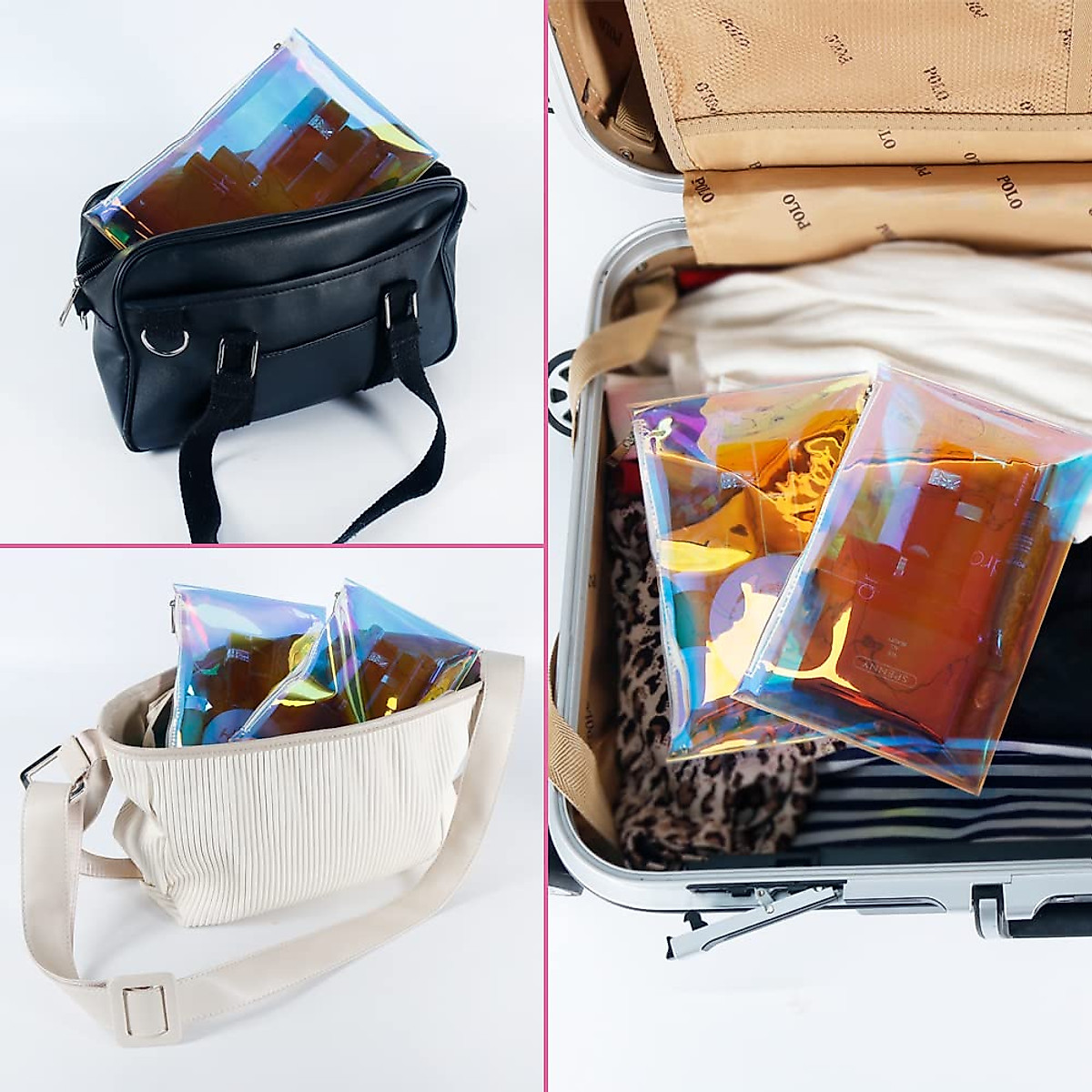 besharppin Holographic Cosmetic Bags, 3pcs Iridescent Makeup Pouches with Zipper for Home Office Purse Diaper Bag