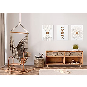 Boho Wall Art Set Of 3 Decor. Ready To Hang Framed Sun and Moon Phase Canvas Prints For Bedroom Living Room Bathroom Office. Minimalist Mid Century Modern Decor Bohemian Large 12"x16"