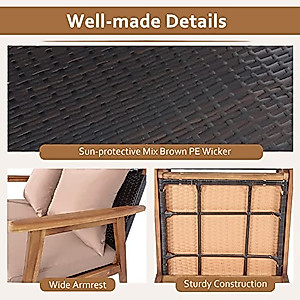 Tangkula 4-Piece Patio Furniture Set, Outdoor Acacia Wood Conversation Set with Cushions and Coffee Table, Outdoor PE Wicker Sectional Sofa Set for Garden, Poolside and Backyard (1, Beige)