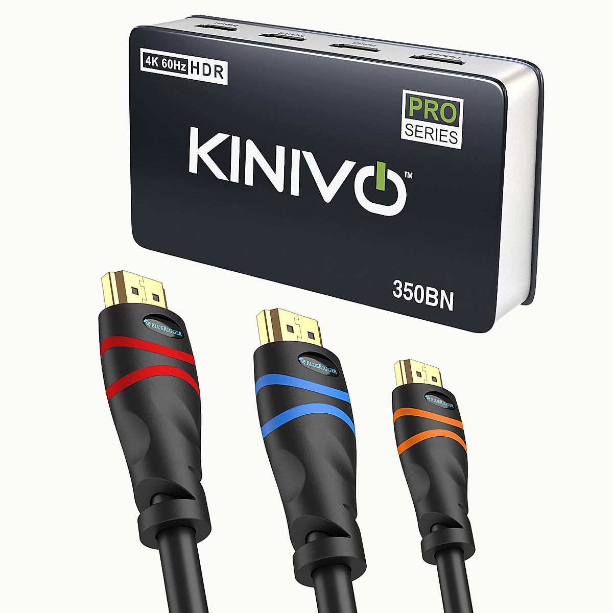 Kinivo 350BN 4K HDMI Switch with BlueRigger 4K HDMI Cable - 6.6FT, 3 Pack (4K 60Hz, HDR, HDMI 2.0, 3 Port Switch, Auto-Switching)
